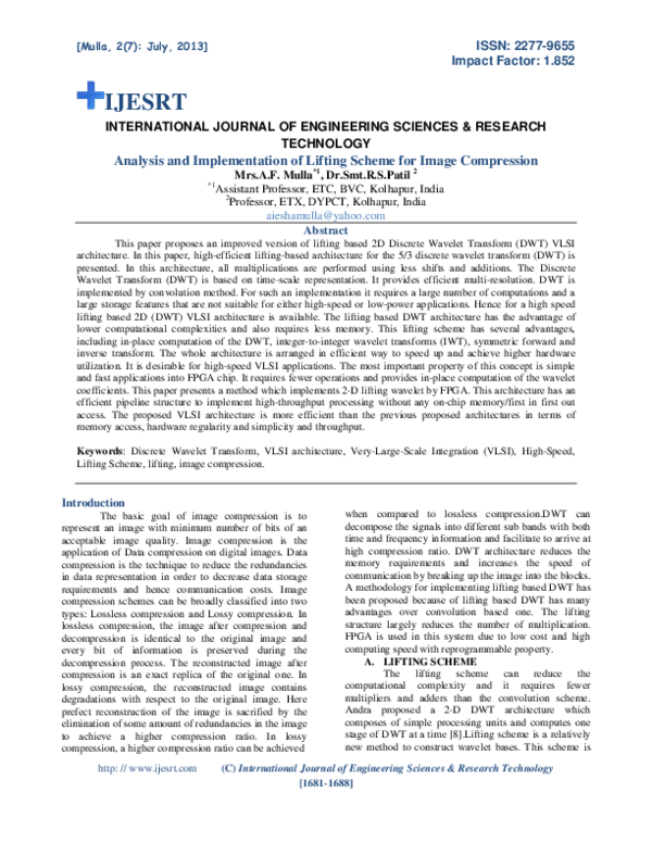 (PDF) Analysis and Implementation of Lifting Scheme for Image Compression.