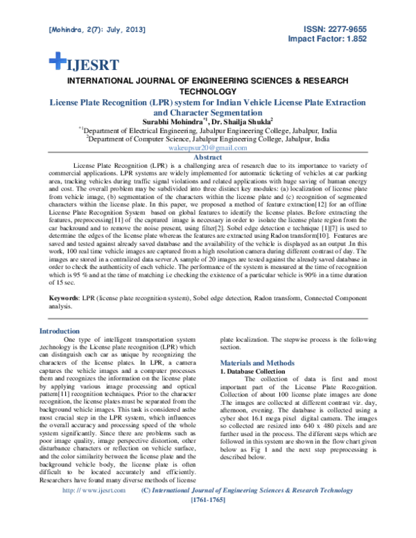 (PDF) License Plate Recognition (LPR) system for Indian Vehicle License ...