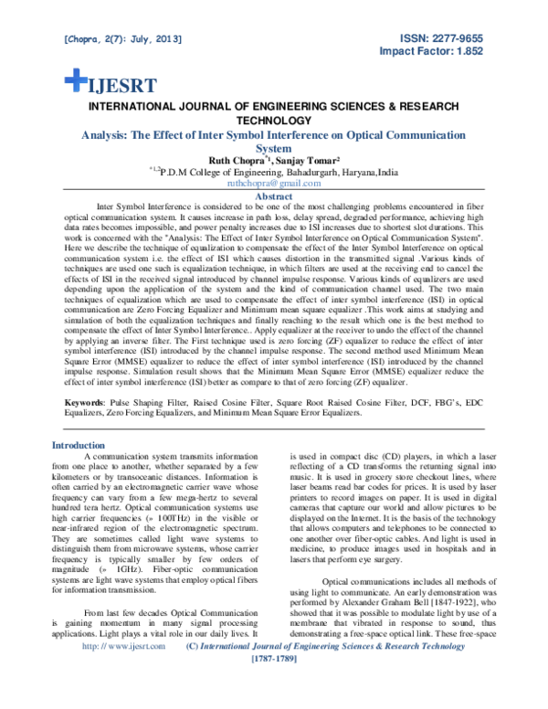 Pdf Analysis The Effect Of Inter Symbol Interference On Optical Communication System