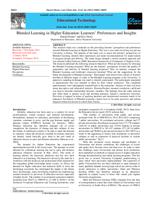 (PDF) Blended Learning in Higher Education: Learners' Perspectives