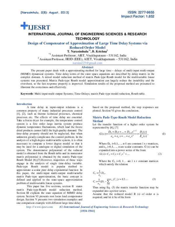 (PDF) Design of Compensator of Approximation of Large Time Delay Systems via Reduced Order Model.