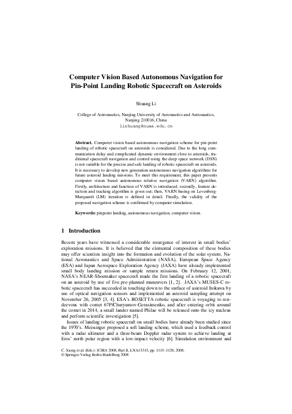 (PDF) Computer Vision Based Autonomous Navigation for Pin-Point Landing Robotic Spacecraft on ...