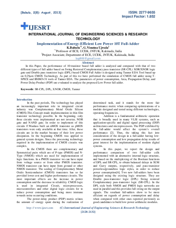 Pdf Implementation Of Energy Efficient Low Power 10t Full Adder