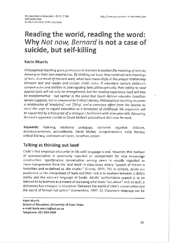 (PDF) Reading the World, Reading the Word: Why Not Now Bernard is Not A Case Of Suicide, but ...
