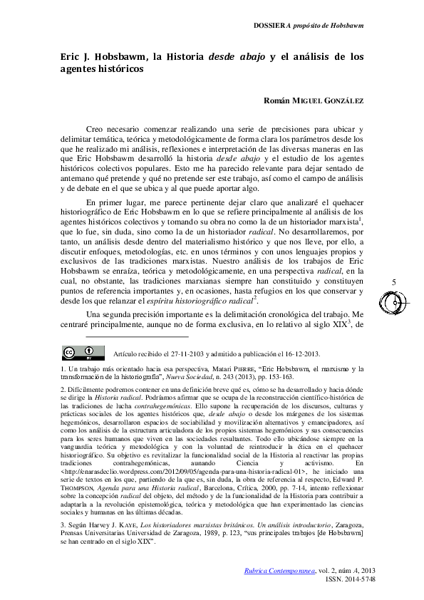 Eric J. Hobsbawm, la Historia desde abajo y el análisis de los agentes ...
