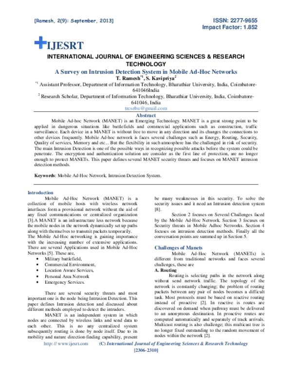 Pdf Cseit1172692 A Review Paper On Intrusion Detection System In Manets Farhin Shaikh