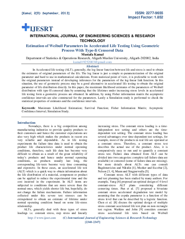 Pdf Estimation Of Weibull Parameters In Accelerated Life Testing Using Geometric Process With
