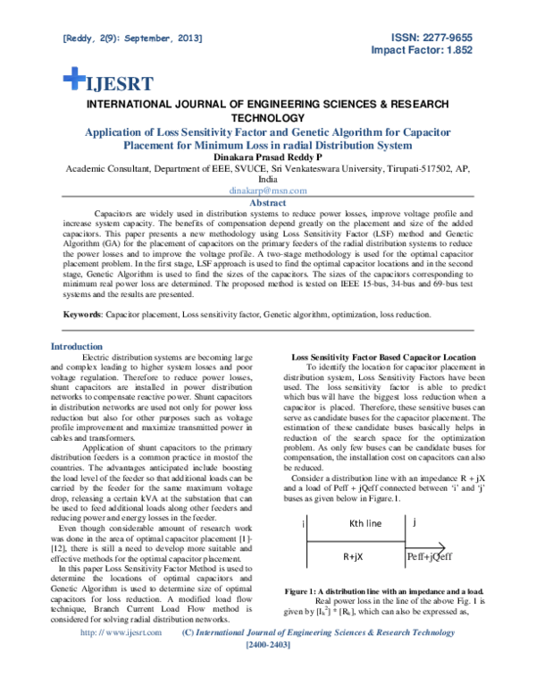 Pdf Application Of Loss Sensitivity Factor And Genetic Algorithm For Capacitor Placement For