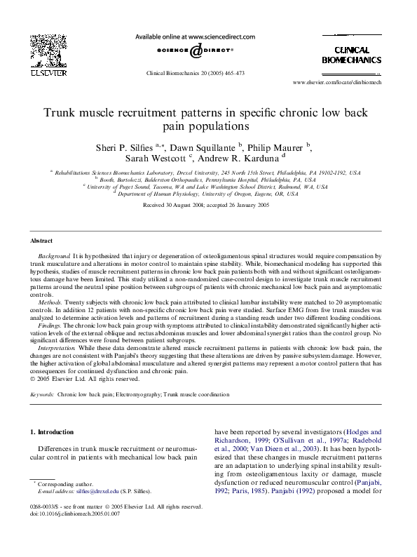 (PDF) Trunk muscle recruitment patterns in specific chronic low back ...