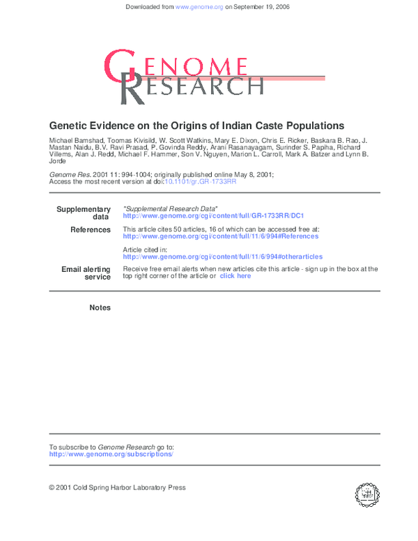 (PDF) Genetic Evidence on the Origins of Indian Caste Populations