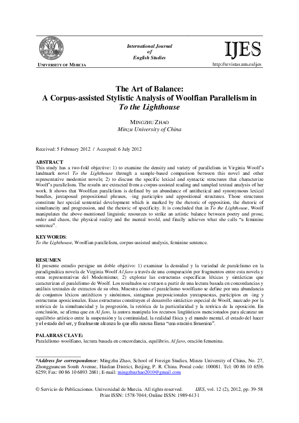 (PDF) The Art of Balance: A Corpus-assisted Stylistic Analysis of Woolfian Parallelism in «To ...