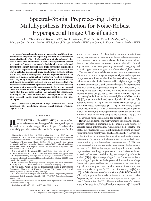 Pdf Spectralspatial Preprocessing Using Multihypothesis Prediction For Noise Robust