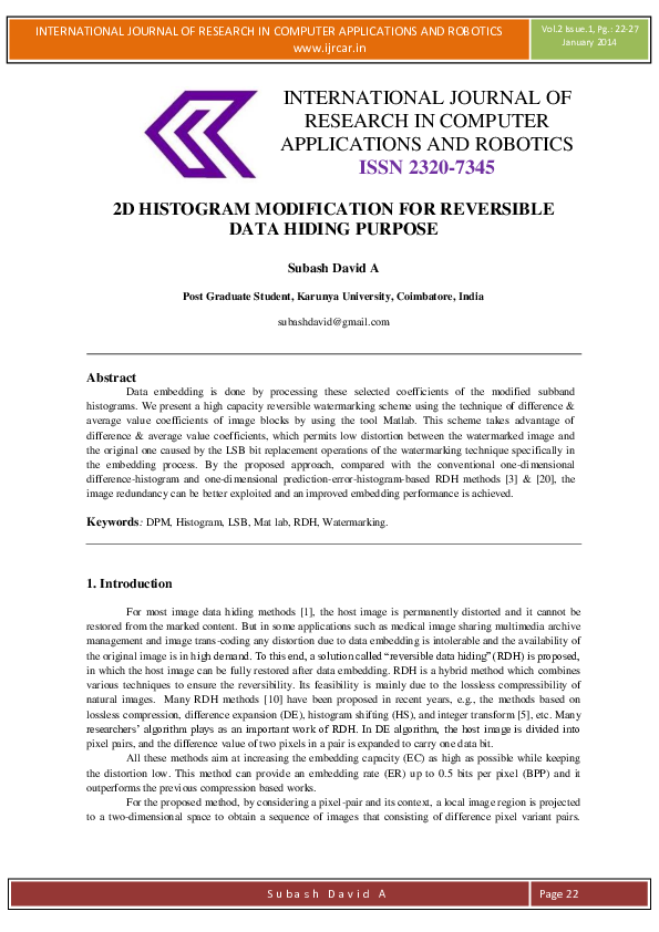 Pdf 2d Histogram Modification For Reversible Data Hiding Purpose