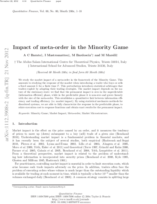 (PDF) Impact of meta-order in the Minority Game