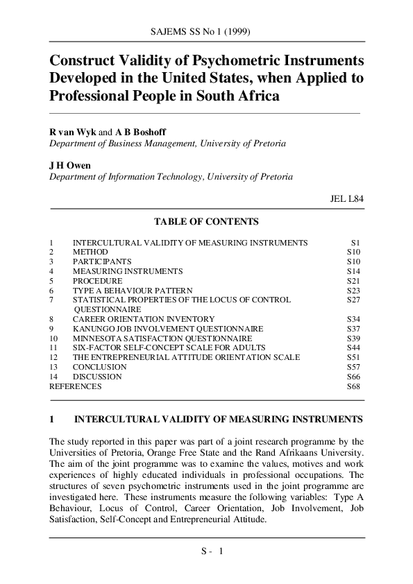 (PDF) Construct Validity of Psychometric Instruments