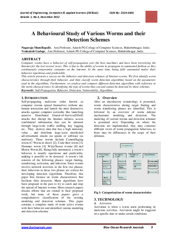 (PDF) A Behavioural Study of Various Worms and their Detection Schemes