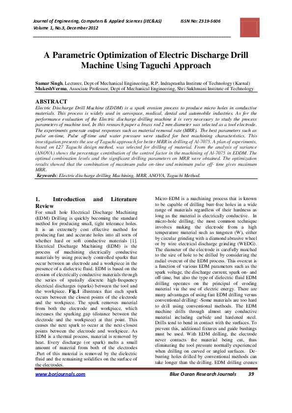 (PDF) A Parametric Optimization of Electric Discharge Drill Machine Using Taguchi Approach