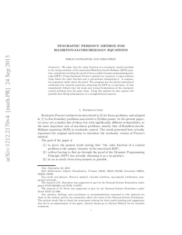 (PDF) Stochastic Perron's method for Hamilton-Jacobi-Bellman equations