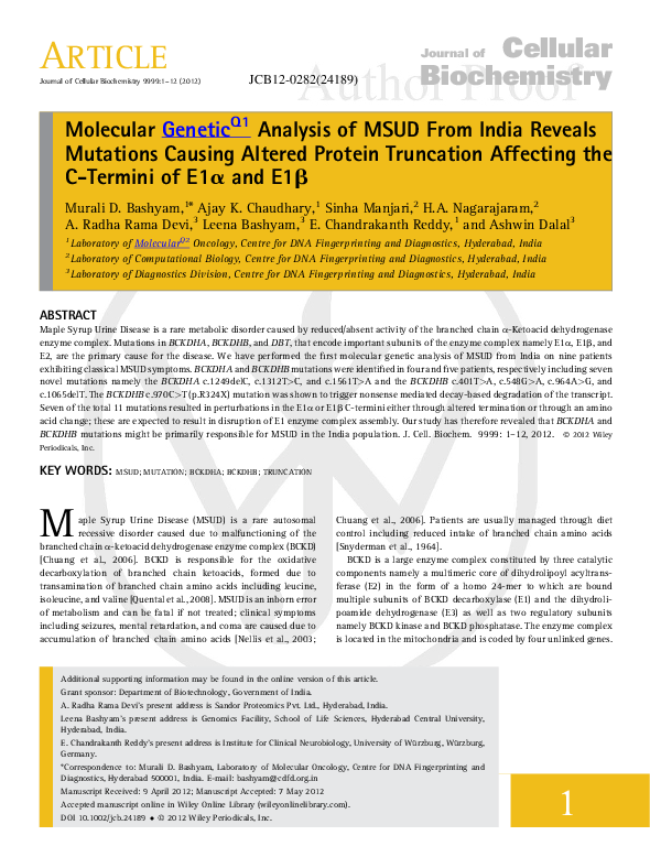 (PDF) Molecular genetic analysis of MSUD from India reveals mutations ...