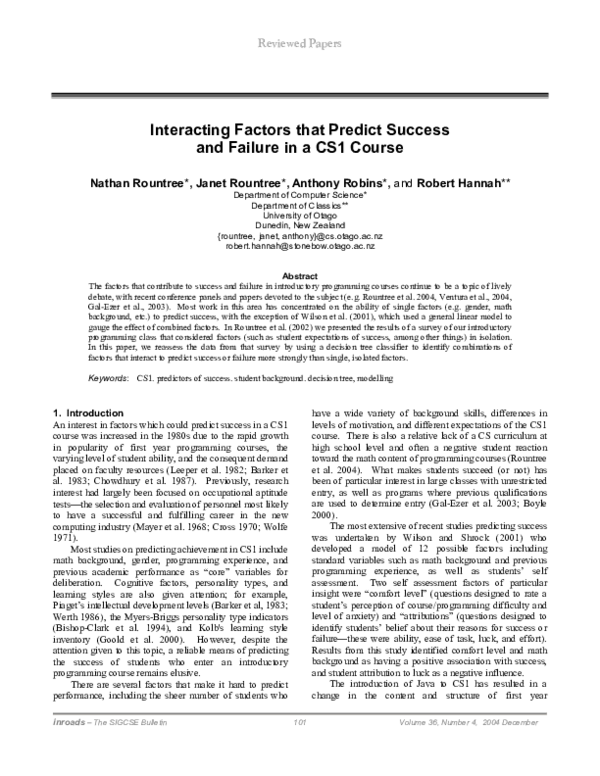 (PDF) Interacting factors that predict success and failure in a CS1 course