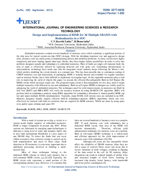 Pdf Design And Implementation Of Bisr For 3d Multiple Srams With Redundancies In A Soc