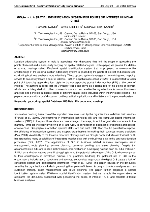 (PDF) GIS Ostrava 2013 -Geoinformatics for City Transformation PINdex + 4: A SPATIAL ...