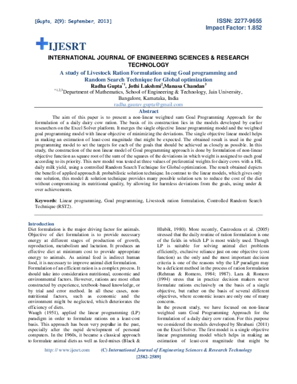 (PDF) A Study of Livestock Ration Formulation using Goal Programming and Random Search Technique ...