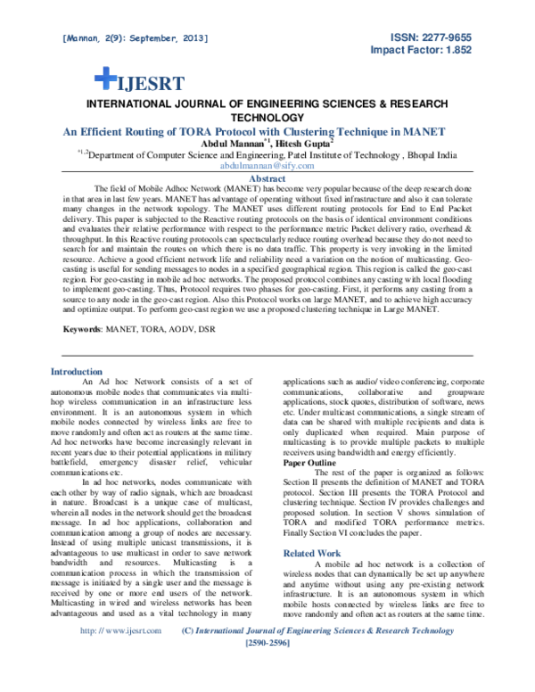 Pdf An Efficient Routing Of Tora Protocol With Clustering Technique In Manet 