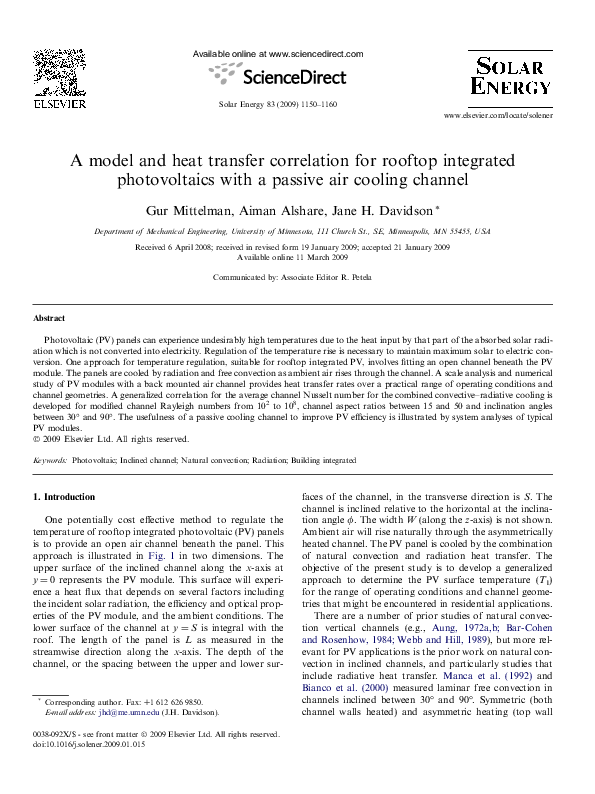 (PDF) A model and heat transfer correlation for rooftop integrated photovoltaics with a passive ...