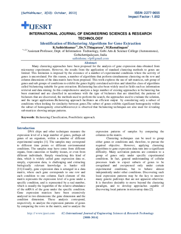 (PDF) Identification of Biclustering Algorithms for Gene Extraction.