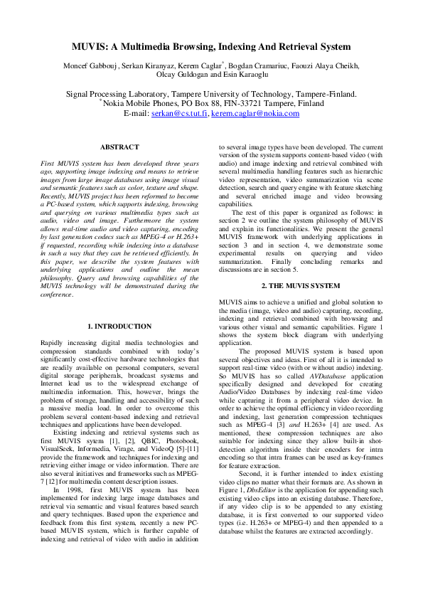 (PDF) MUVIS: A Multimedia Browsing, Indexing And Retrieval System