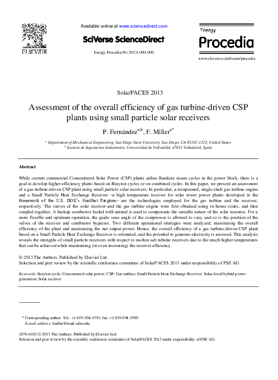 (PDF) Assessment of the overall efficiency of gas turbine-driven CSP plants using small particle ...