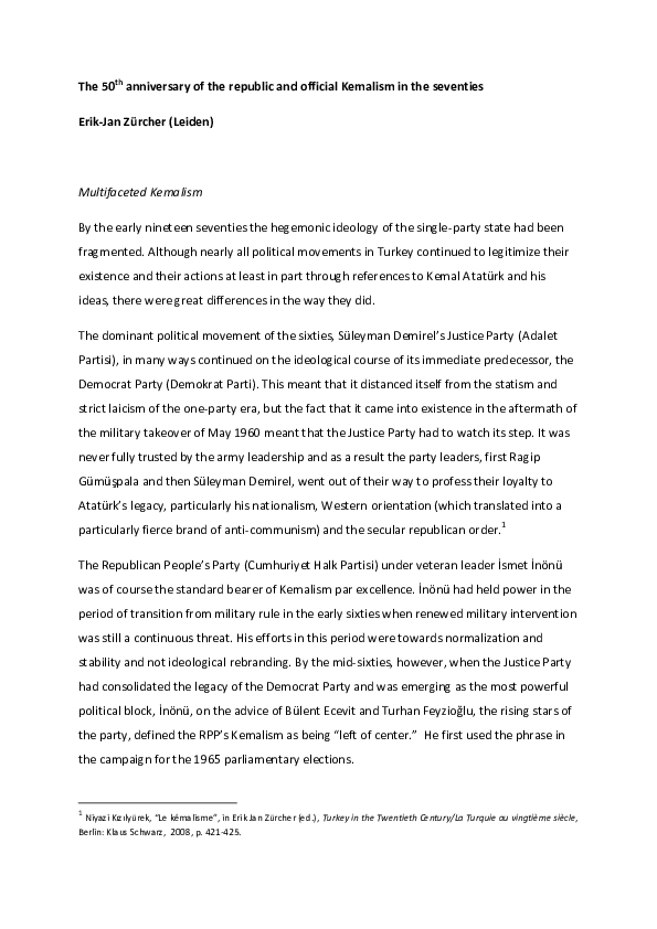 (PDF) The 50th anniversary of the republic and official Kemalism in the ...