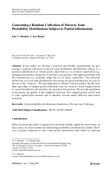 (PDF) Methodol Comput Appl Probab Generating a Random Collection of Discrete Joint Probability ...