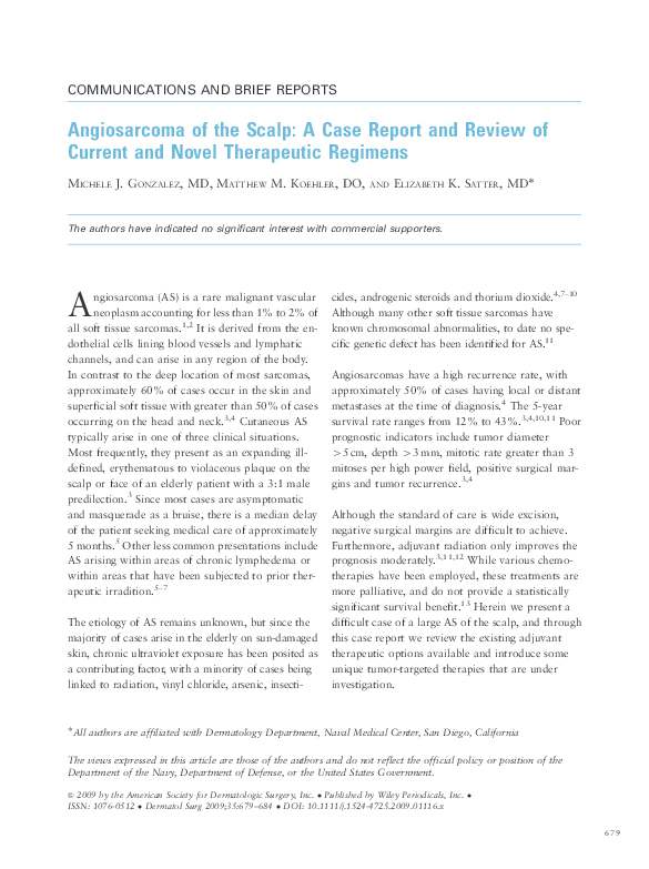 (PDF) Angiosarcoma of the Scalp: A Case Report and Review of Current and Novel Therapeutic Regimens