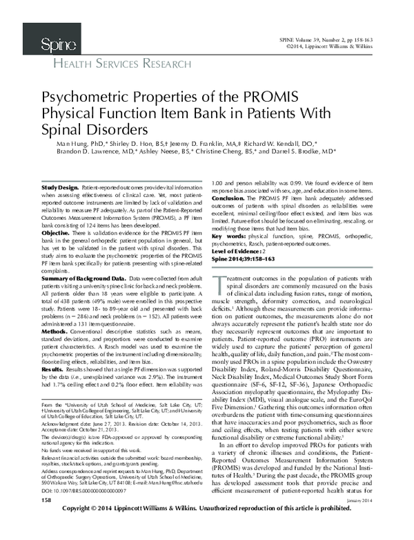 Pdf The Psychometric Properties Of The Promis Physical Function Item
