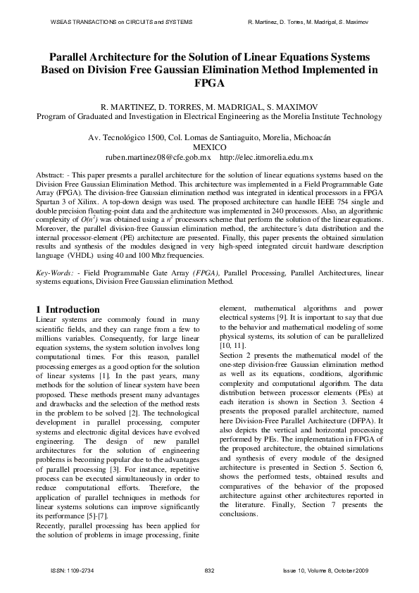 Pdf Parallel Architecture For The Solution Of Linear Equations Systems Based On Division Free 0845