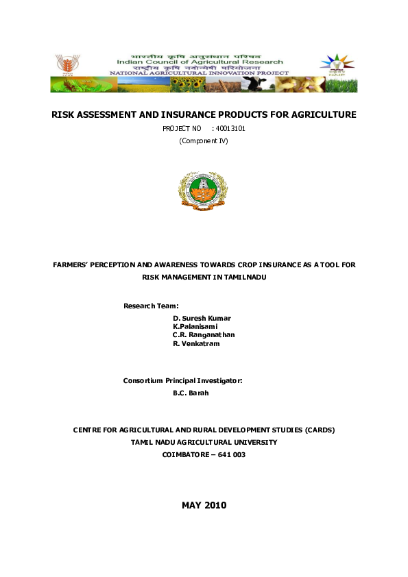 (PDF) RISK ASSESSMENT AND INSURANCE PRODUCTS FOR AGRICULTURE FARMERS' PERCEPTION AND AWARENESS ...