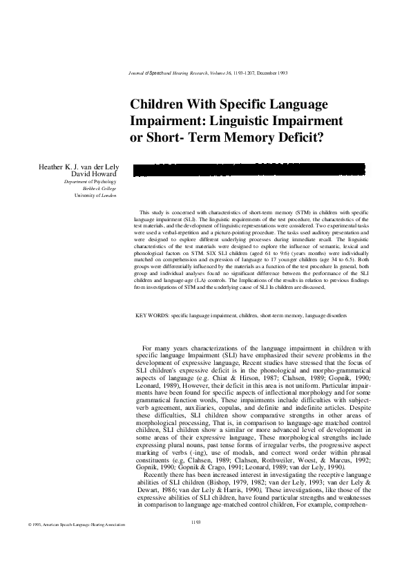 (PDF) Children With Specific Language Impairment: Linguistic Impairment or Short-Term Memory ...