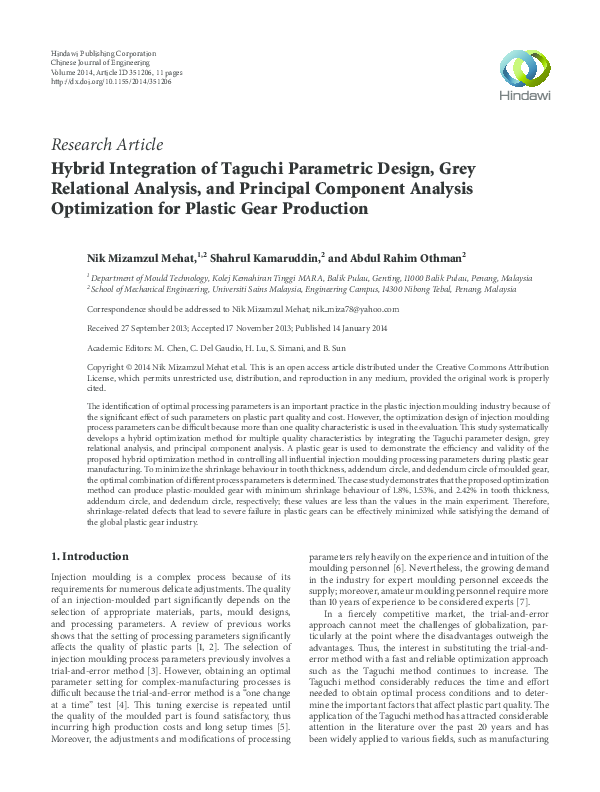 Pdf Hybrid Integration Of Taguchi Parametric Design Grey Relational