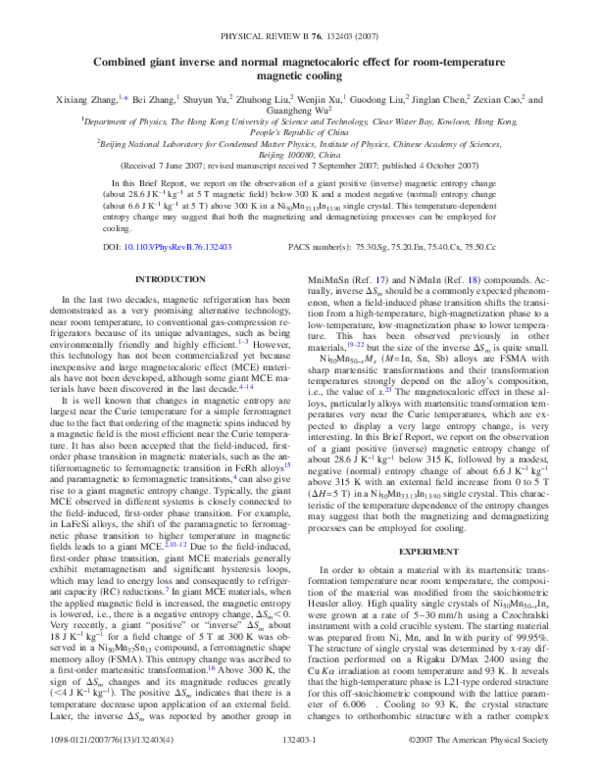 (PDF) Combined giant inverse and normal magnetocaloric effect for room-temperature magnetic cooling