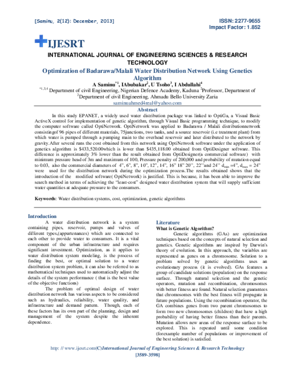 (PDF) Optimization of Badarawa/Malali Water Distribution Network Using Genetics Algorithm.