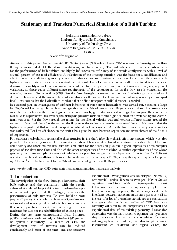 Pdf Stationary And Transient Numerical Simulation Of A Bulb Turbine