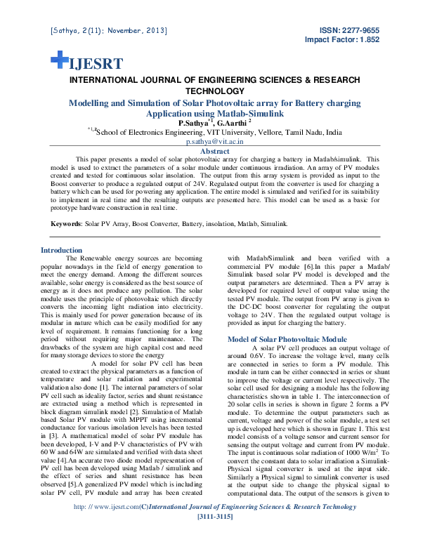 Pdf Modelling And Simulation Of Solar Photovoltaic Array For Battery Charging Application