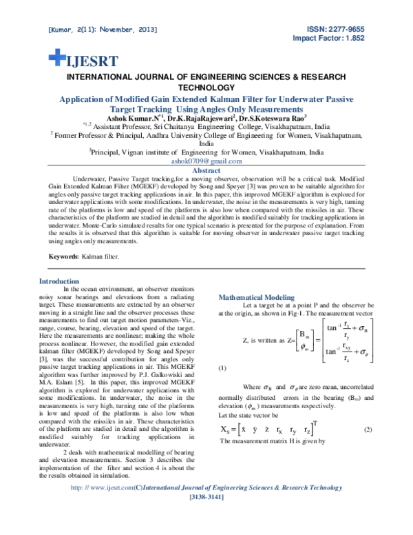 Pdf Application Of Modified Gain Extended Kalman Filter For Underwater Passive Target Tracking