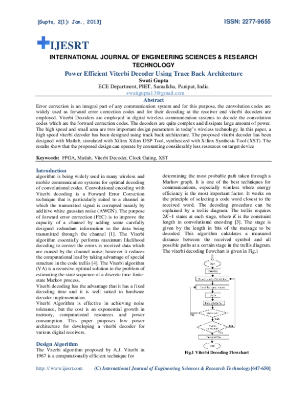 Pdf Power Efficient Viterbi Decoder Using Trace Back Architecture 