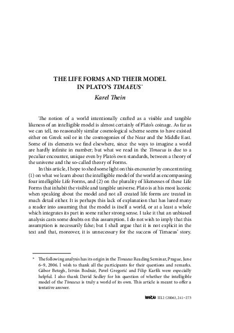 The Life Forms and Their Model in Plato’s Timaeus