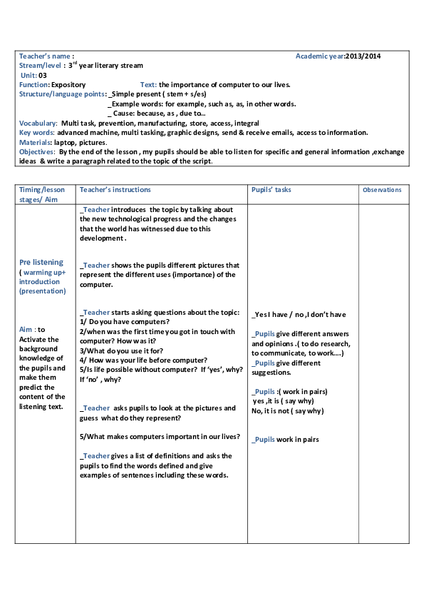 (DOC) Listening Lesson Plan Sample