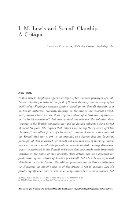 (PDF) I.M. Lewis and Somali Clanship: A Critique