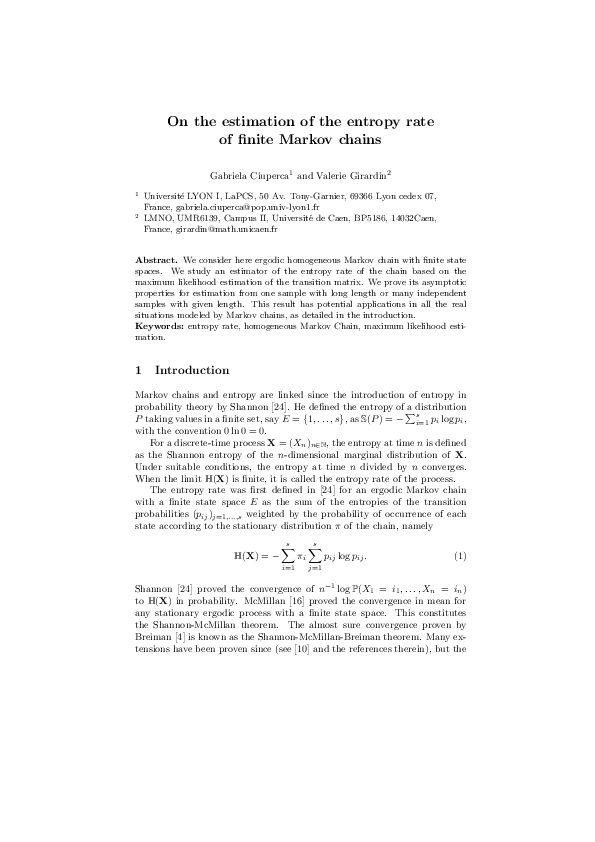 Pdf On The Estimation Of The Entropy Rate Of Finite Markov Chains